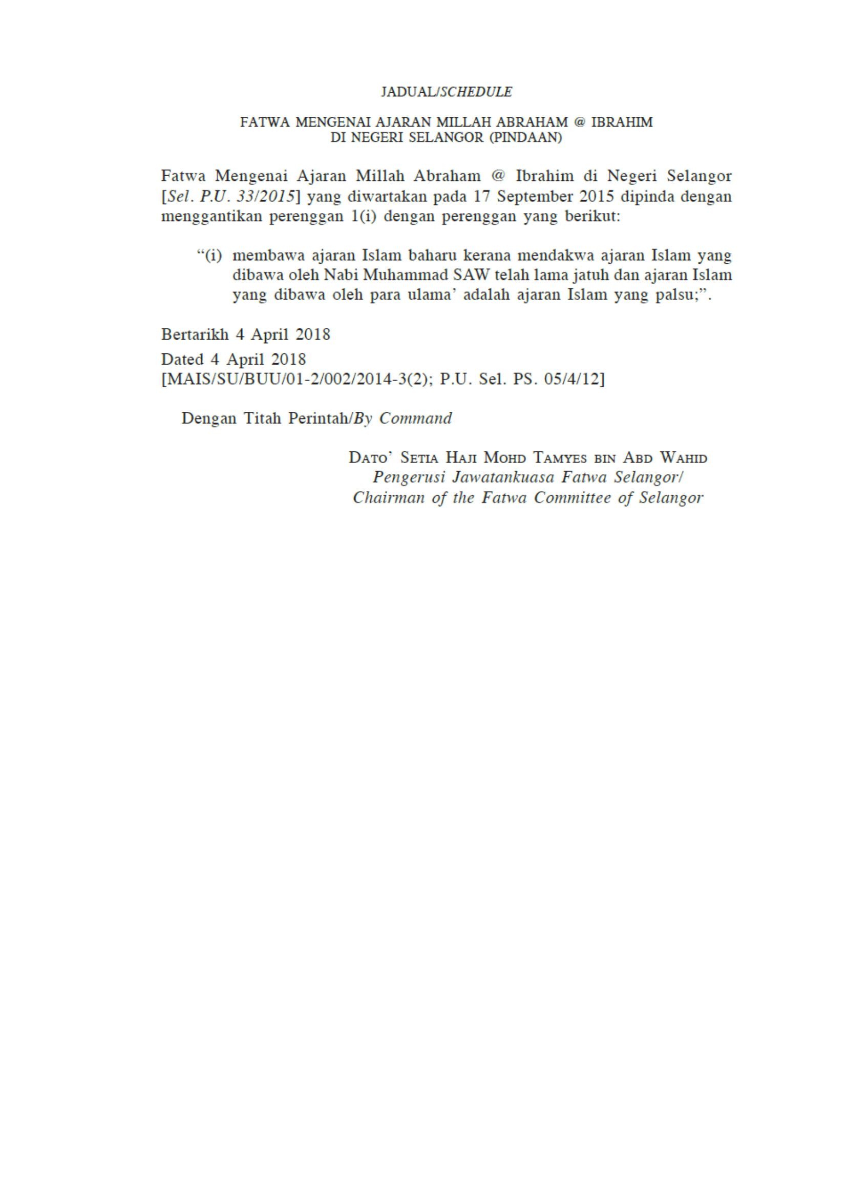 Fatwa Mengenai Ajaran Millah Abraham @ Ibrahim Di Negeri Selangor (Pindaan) – Jabatan Mufti ...