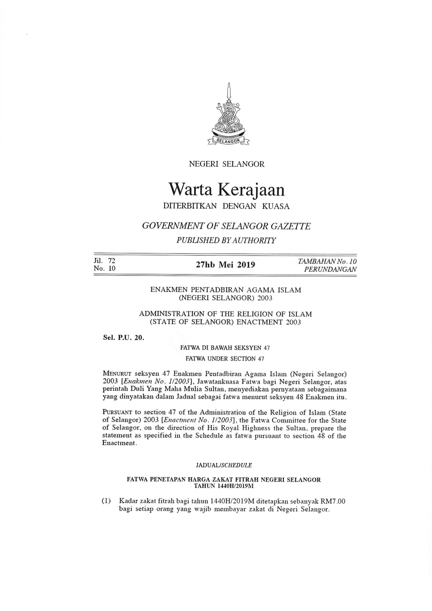 Fatwa Penetapan Zakat Fitrah Negeri Selangor Tahun 1440H/2019M ...