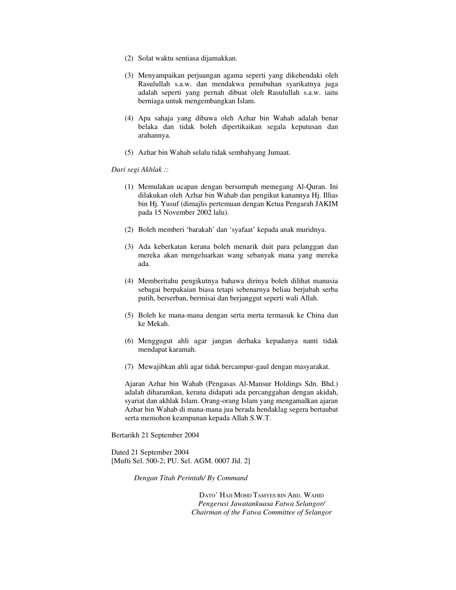 Fatwa Tentang Ajaran Azhar Wahab – Jabatan Mufti Negeri Selangor