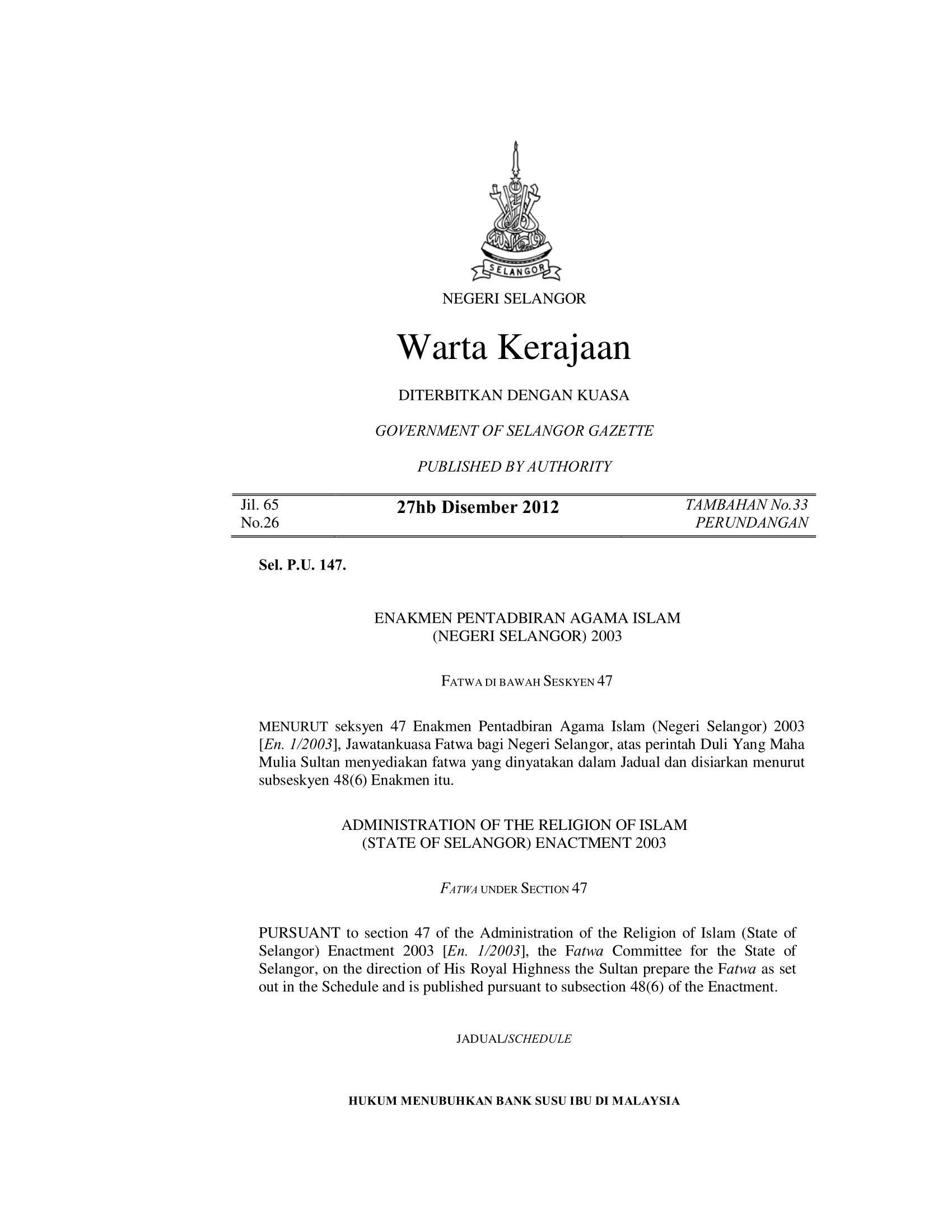 Hukum Menubuhkan Bank Susu Di Malaysia – Jabatan Mufti Negeri Selangor