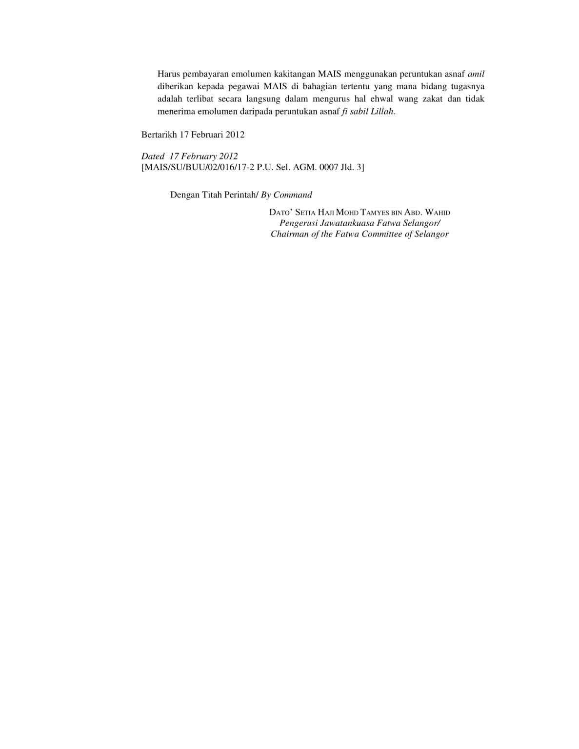 Hukum Pembayaran Emolumen Kakitangan Majlis Agama Islam Selangor (Mais ...