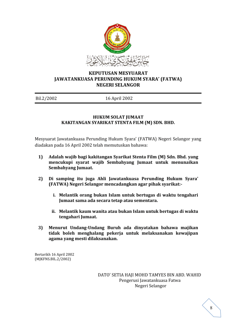 Hukum Solat Jumaat Kakitangan Syarikat Stenta Film (M) Sdn. Bhd ...