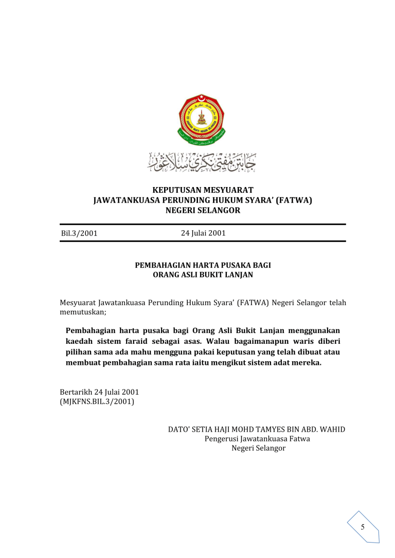 Pembahagian Harta Pusaka Bagi Orang Asli Bukit Lanjan – Jabatan Mufti ...