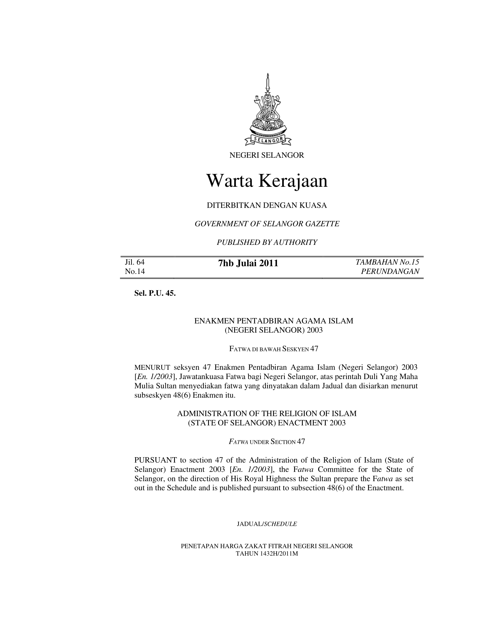 Penetapan Harga Zakat Fitrah Negeri Selangor Tahun 1432H/2011M ...